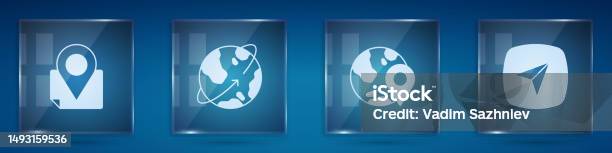 Set Folded Map With Location Marker Satellites Orbiting The Earth