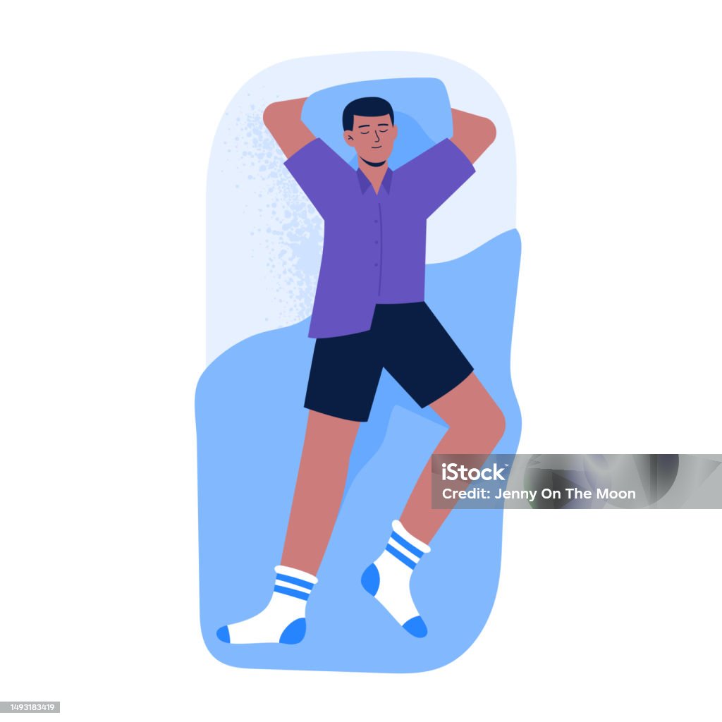 A Man Sleeps In A Back Pose With Arms Up Top View Of Night Sleeping Position Vector Illustration