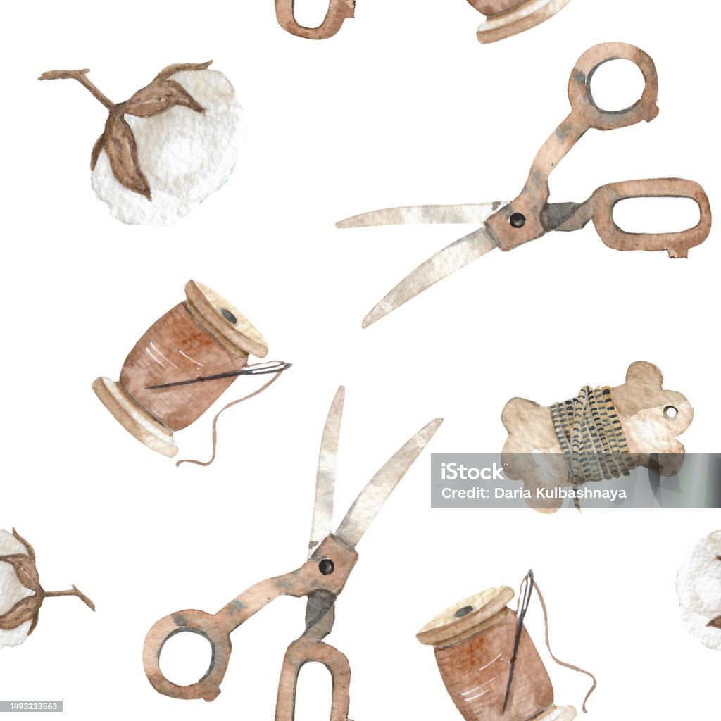 Seamless Pattern With Watercolor Scissors Spool Of Thread And Cotton