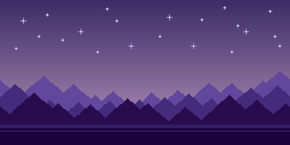 Ilustrasi Seni Piksel 8bit Siluet Pegunungan Tajam Di Bawah Langit ... Ilustrasi Seni Piksel 8bit Siluet Pegunungan Tajam Di Bawah Langit ...