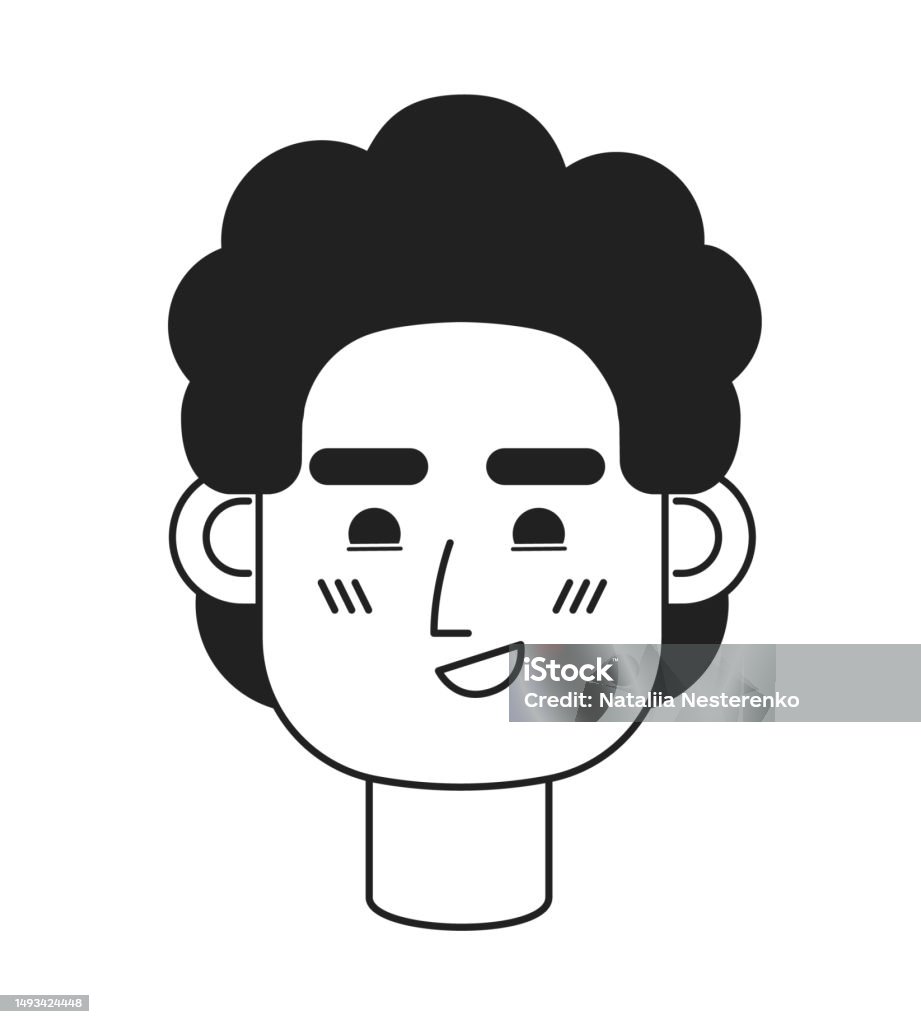 Curly Haired Guy Smirking Monochrome Flat Linear Character Head Stock