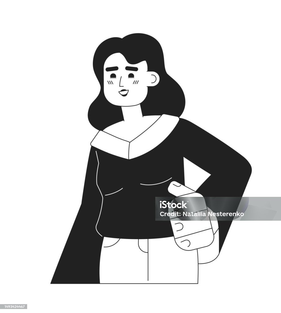 Happy Darkhaired Girl With Smile Monochromatic Flat Vector Character