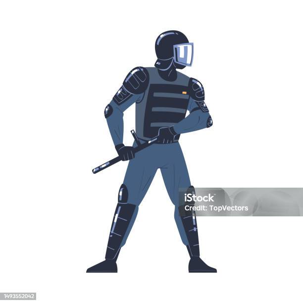 Riot Police Officer And Squad Member In Uniform And Helmet With Baton