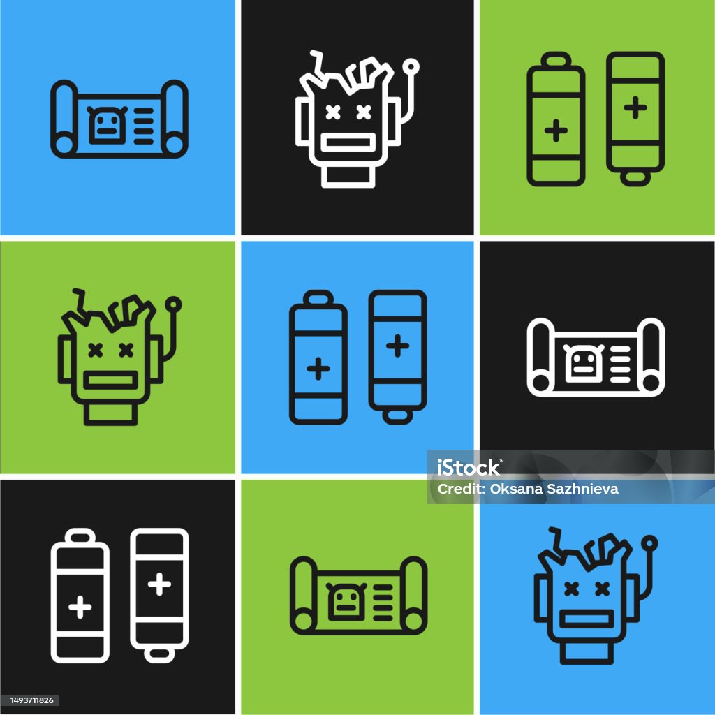 Set Garis Cetak Biru Robot Baterai Dan Ikon Robot Rusak Vektor