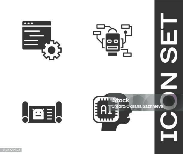 Set Humanoid Robot Computer Api Interface Robot Blueprint And Icon Vector Stock Illustration