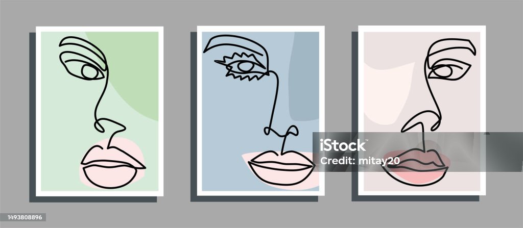 Abstract Face One Line Drawing Portrait Minimalistic Style Set Stock