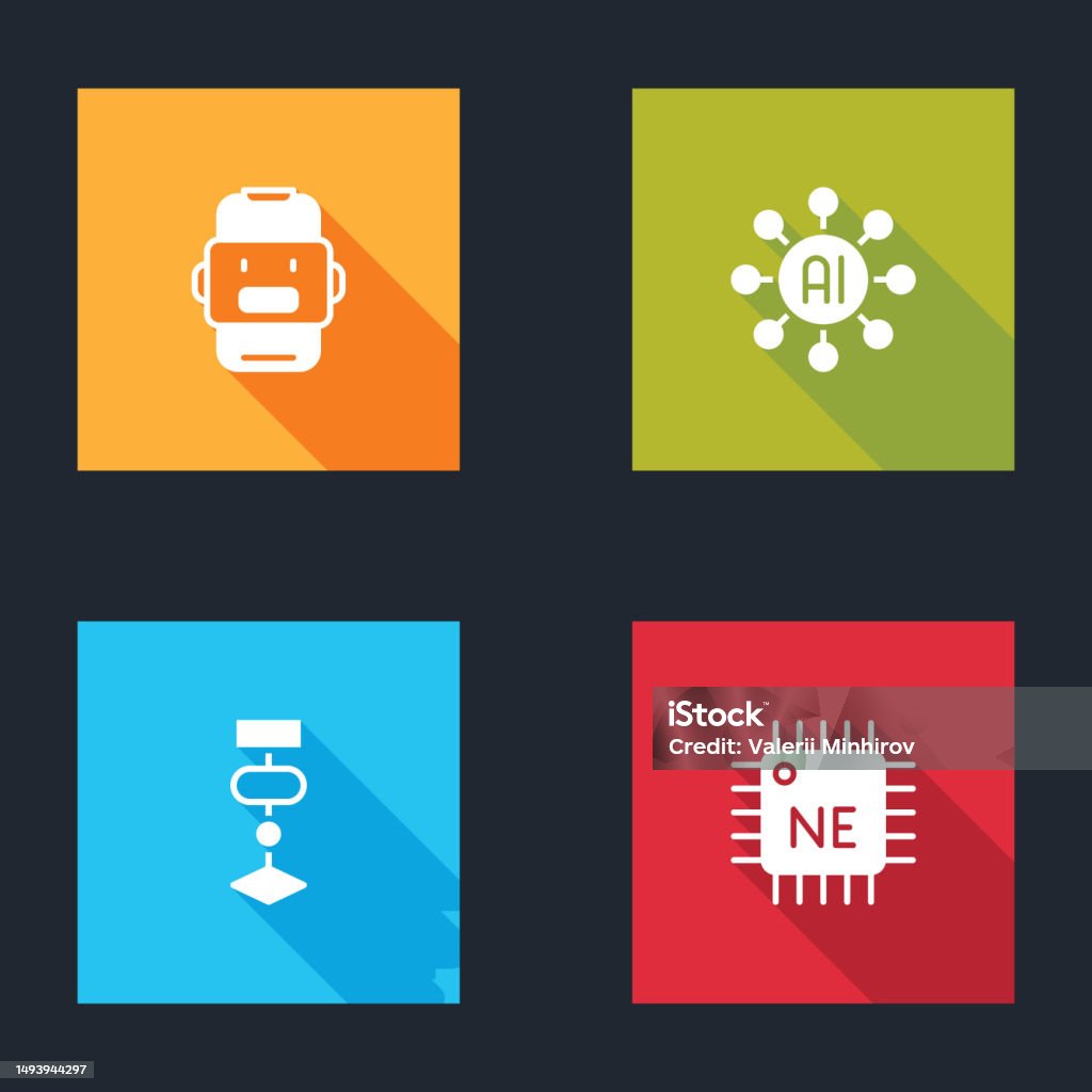 Set Chat Bot Neural Network Algorithm And Processor Cpu Icon Vector Stock Illustration