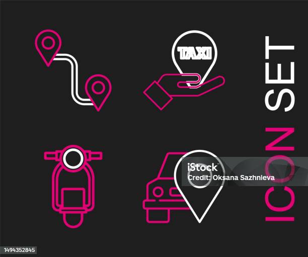 Vetores De Defina O Ponteiro Do Mapa De Linha Com Táxi Scooter Mão No