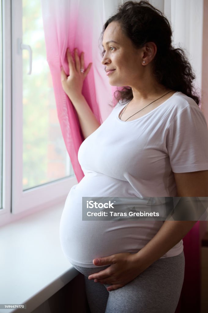 Beautiful Ethnic Pregnant Woman Expectant Mother Dreamily Looking Out