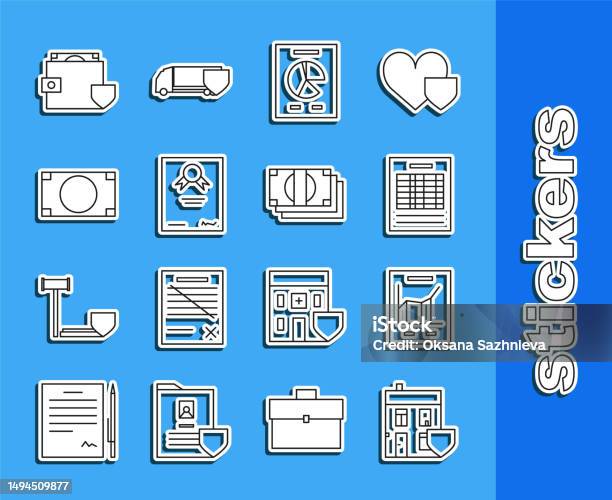 Set Line House With Shield Document Graph Chart Report File Document