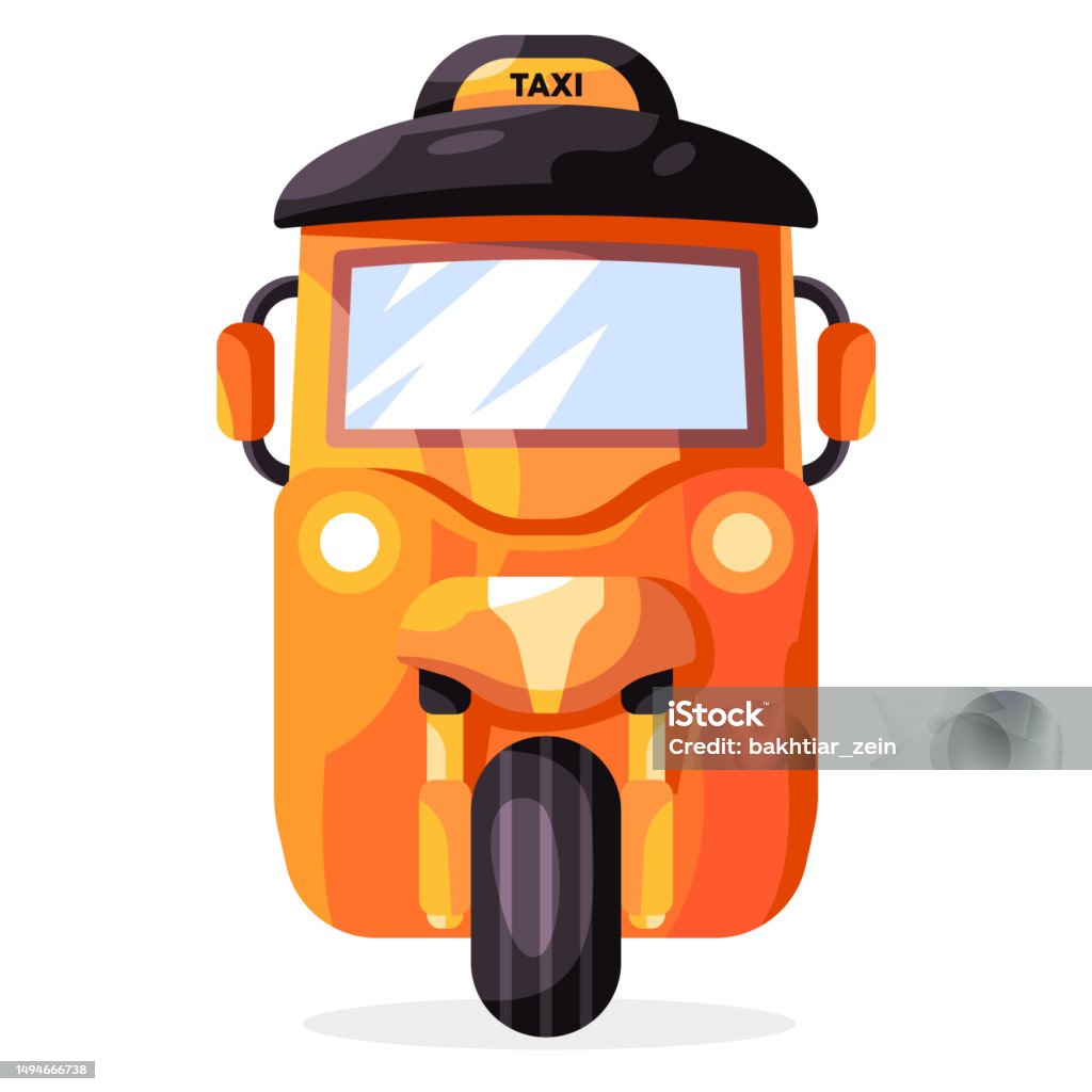 Traditional Motorized Three Wheel Tuktuk Taxi Orang Color Illustration
