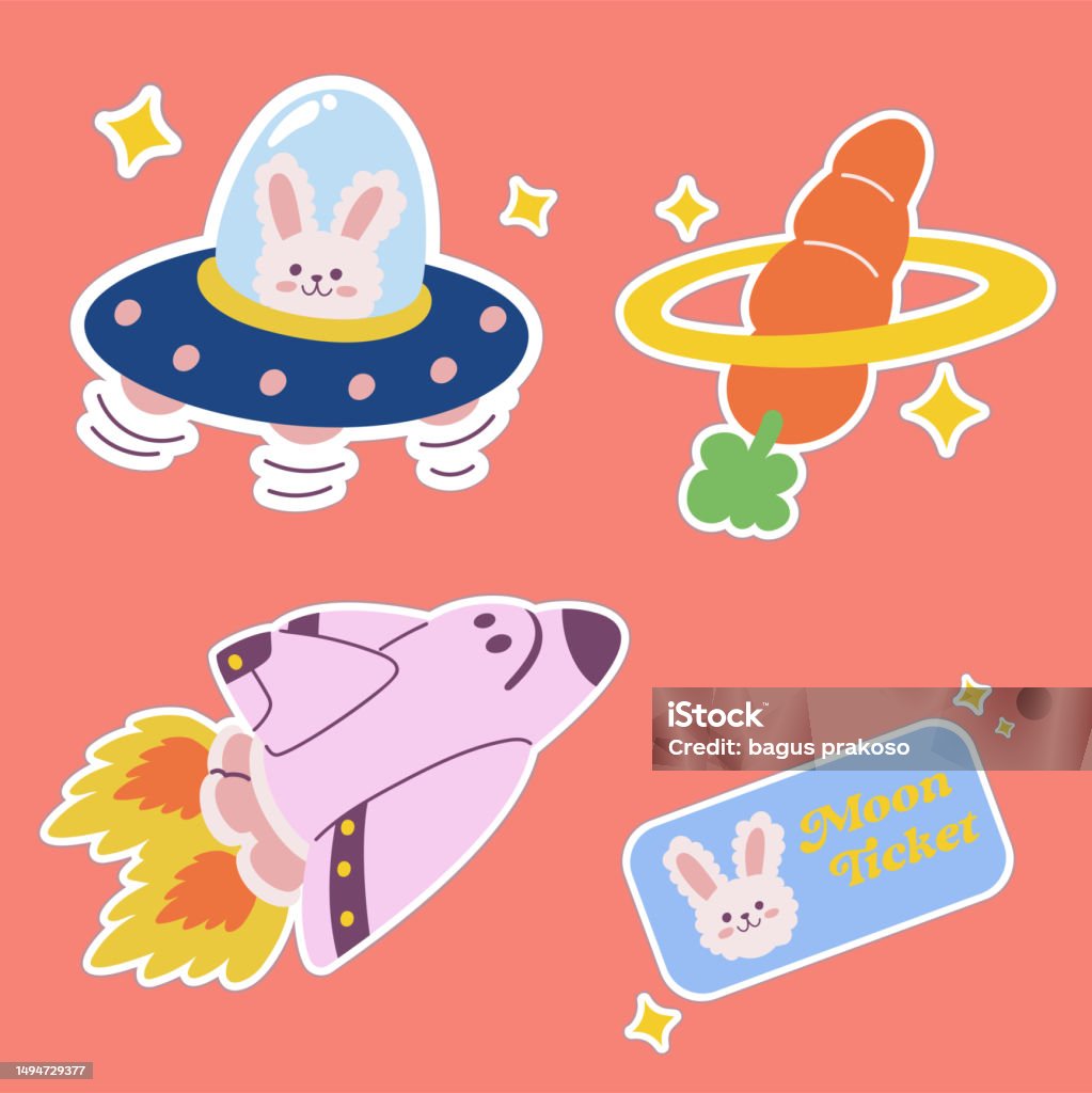 Set Stiker Kawaii Luar Angkasa Tangan Digambar Kosmik Kartun Koleksi
