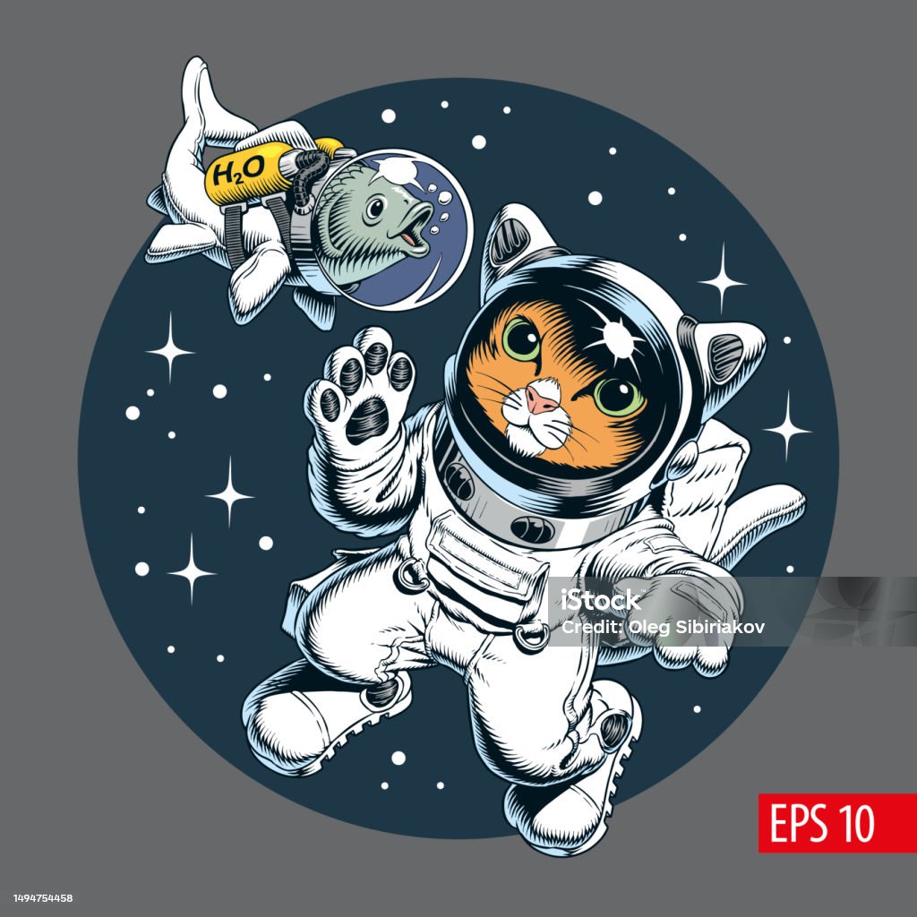 Astronot Kucing Dan Ikan Dalam Pakaian Antariksa Mengambang Di Luar ... Astronot Kucing Dan Ikan Dalam Pakaian Antariksa Mengambang Di Luar ...