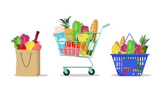 Kantong Makanan Keranjang Belanja Dan Kantong Kertas Dengan Set ... Kantong Makanan Keranjang Belanja Dan Kantong Kertas Dengan Set ...