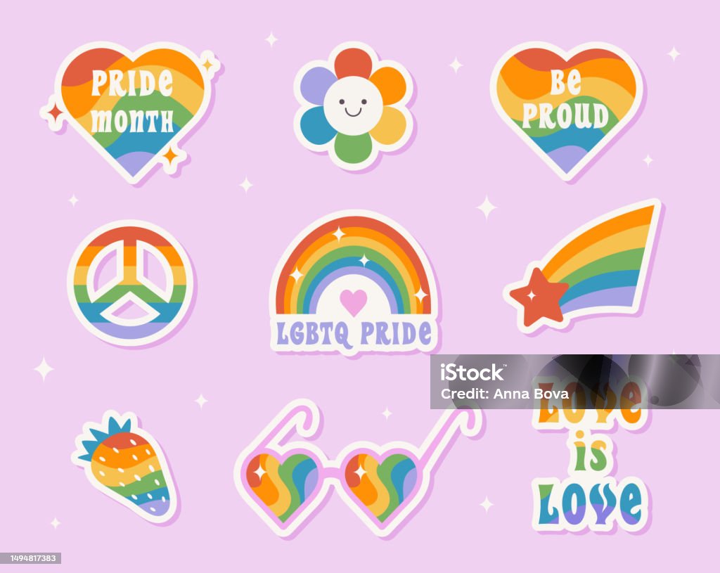 Set Of Lbgtq Retro Stickers Vintage Collection Of Clip Art Rainbow