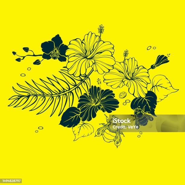 Pola Botani Dengan Bunga Tropis Dan Lebah Hibiscus Anggrek Vektor