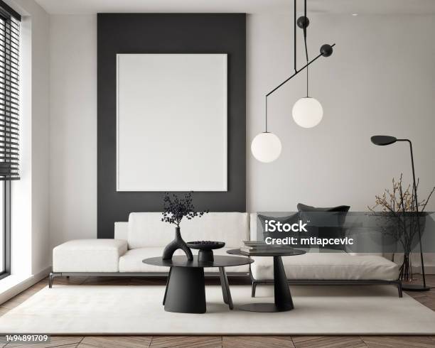 Bingkai Poster Mockup Di Dinding Ruang Tamu Latar Belakang Apartemen