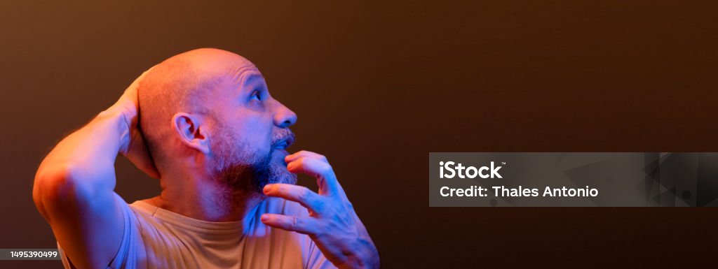 Happy Bald Bearded Man Making Funny Hand Gestures Concept Of Strength