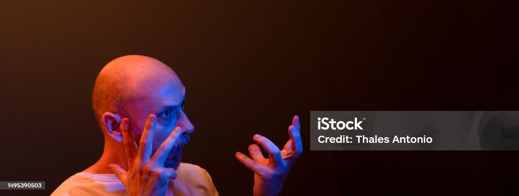 Happy Bald Bearded Man Making Funny Hand Gestures Concept Of Strength