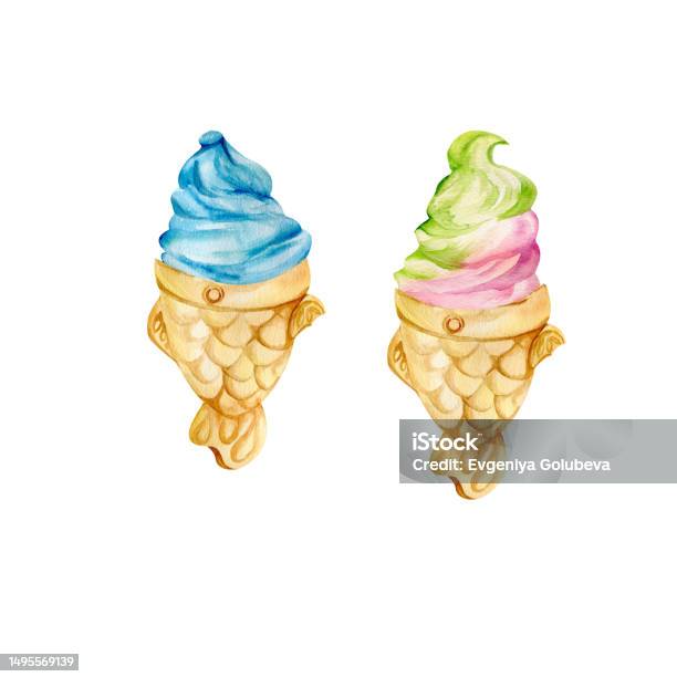 Koleksi Es Krim Pencuci Mulut Taiyaky Dua Es Krim Warnawarni Dalam