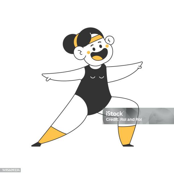 Cute Girl In Warrior Yoga Pose Vector Cartoon Character Illustration