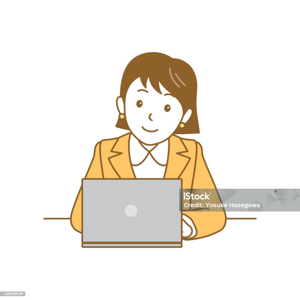 A Suit Woman Who Operates A Personal Computer With A Smile Vector