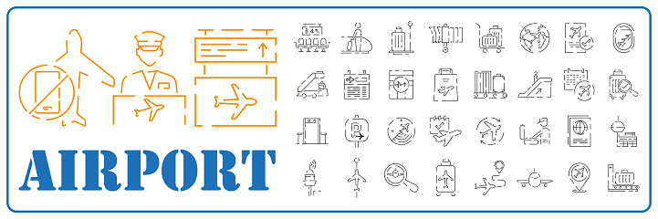 Jeu Dicônes Et De Symboles De Ligne Daéroport Avion Transport Signe