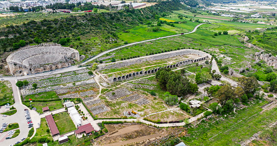 Aerial View Of Antalya Perge Ancient City Amphitheater Historical Site ... Aerial View Of Antalya Perge Ancient City Amphitheater Historical Site ...