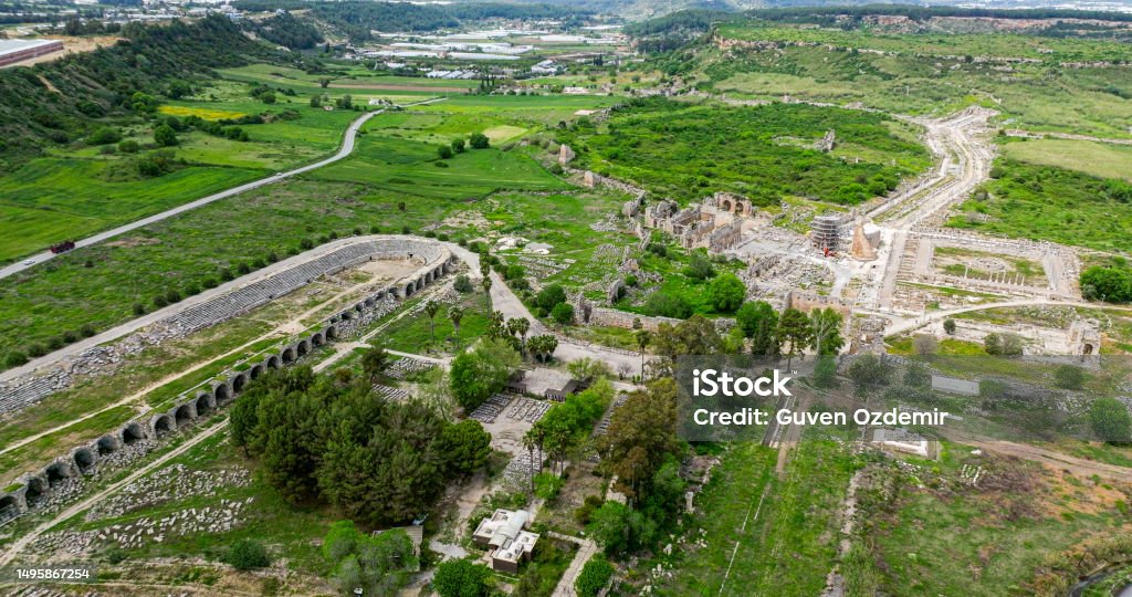 Aerial View Of Antalya Perge Ancient City Amphitheater Historical Site ... Aerial View Of Antalya Perge Ancient City Amphitheater Historical Site ...