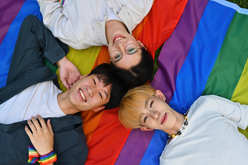 มุมมองด้านบนกับกลุ่มชายหนุ่ม Lgbt ชายและหญิงนอนลงบนธงสีรุ้ง ภาพสต็อก