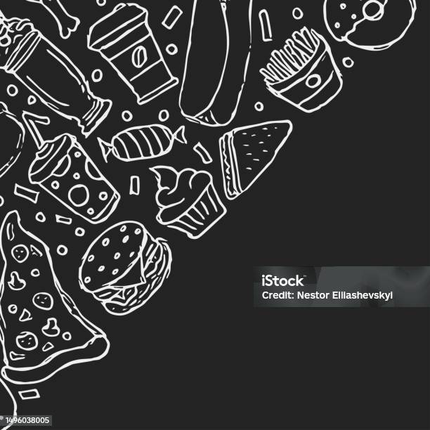 Fast Food Background With Place For Text Doodle Fastfood Icons Drawn