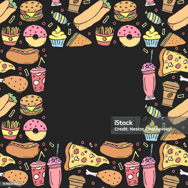 Fast Food Background With Place For Text Doodle Fastfood Icons Drawn