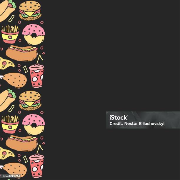 Fast Food Background With Place For Text Doodle Fastfood Icons Drawn