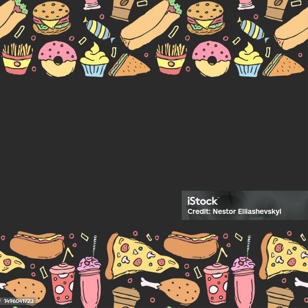 Fast Food Background With Place For Text Doodle Fastfood Icons Drawn