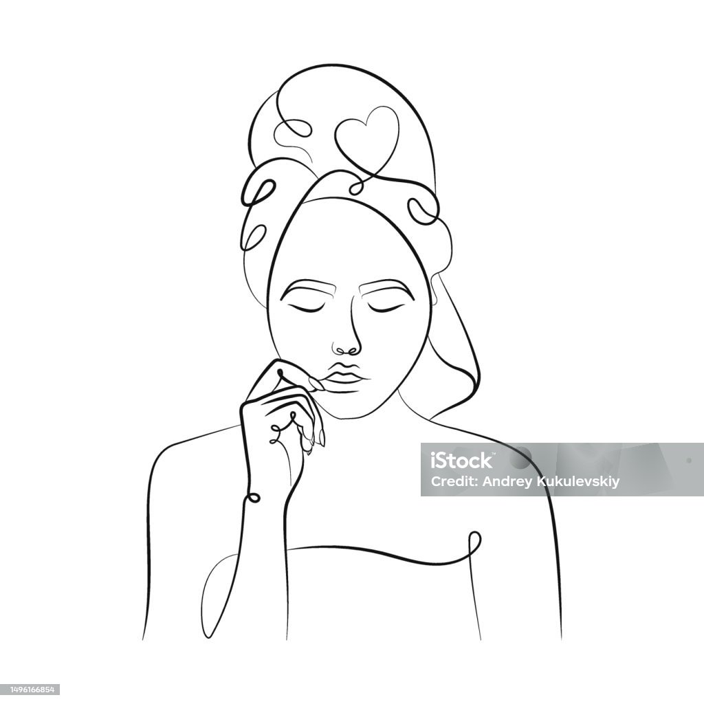 The Girl Takes Care Of Her Face Facial Care One Line Drawing Line Art