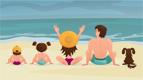 Famille Heureuse Est Assise Sur La Plage Et Regarde La Mer Papa Maman