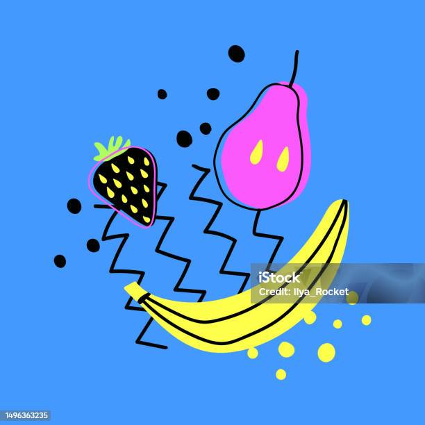 Buah Abstrak Pir Stroberi Dan Pisang Desain Modern Untuk Poster Kartu Kemasan Dan Lainnya