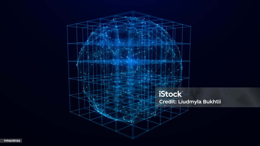 Abstract Scifi Cube With Particle And Line And Sphere Inside Technology Network Connection On