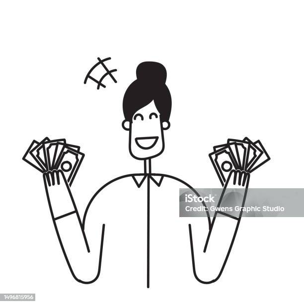 Doodle Yang Digambar Tangan Wanita Muda Ceria Memegang Uang Kertas ... Doodle Yang Digambar Tangan Wanita Muda Ceria Memegang Uang Kertas ...