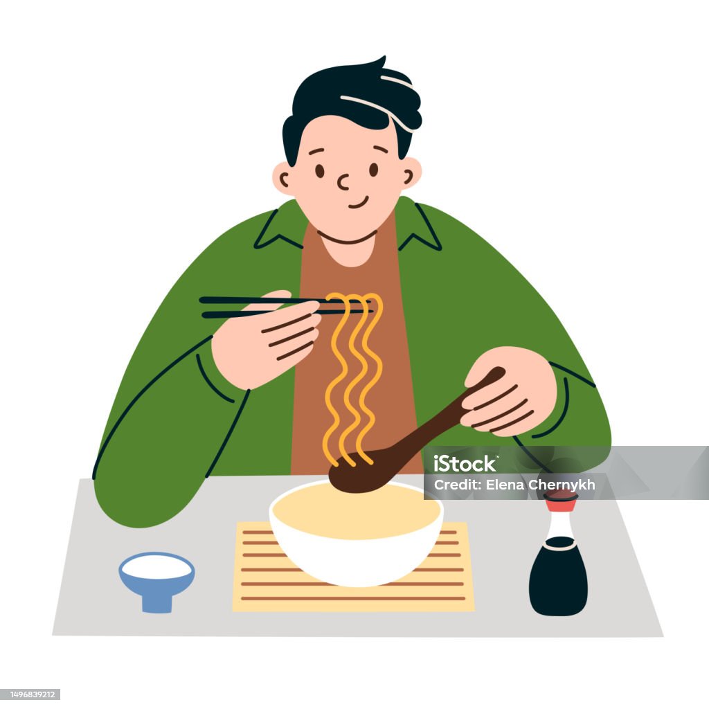 Pria Makan Ramen Di Meja Memegang Sumpit Dan Sendok Sup Mie Asia