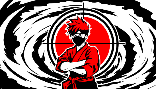 Ninja Muda Dengan Latar Belakang Lingkaran Target Merah Dan Pusaran ... Ninja Muda Dengan Latar Belakang Lingkaran Target Merah Dan Pusaran ...