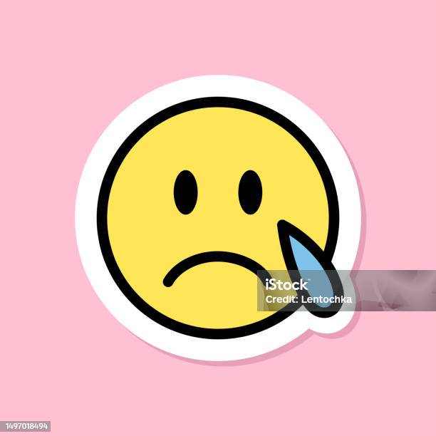 Sticker Emoji Visage Pleurant Visage Jaune Avec Larme Contour Noir