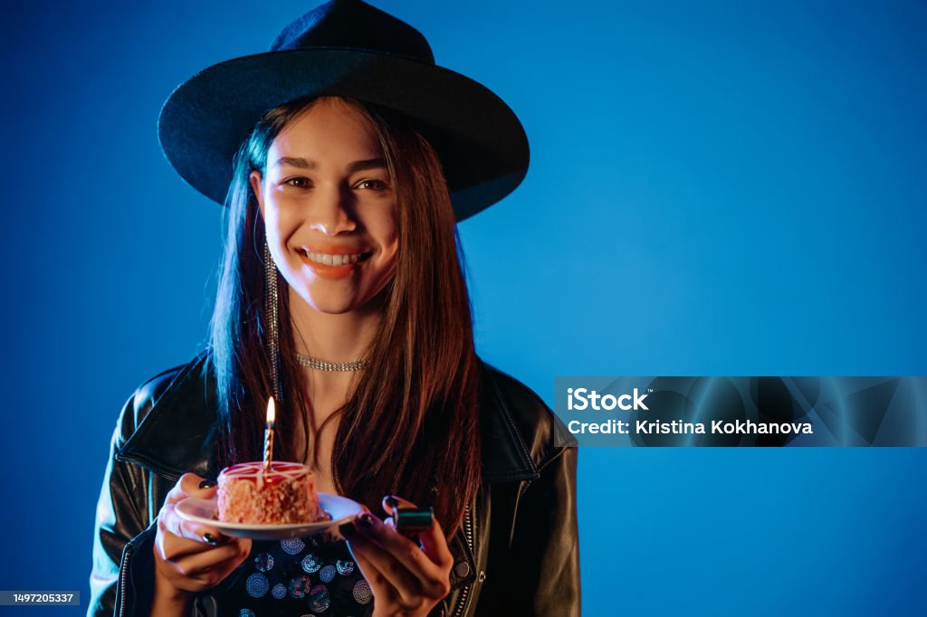 Happy Birthday Woman Making Wish Blowing Candle On Cake Happy Girl