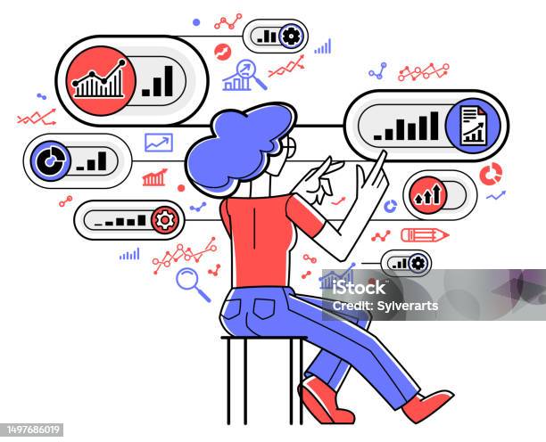 Worker Analyzes Some Data And Systematizing Information Vector Outline