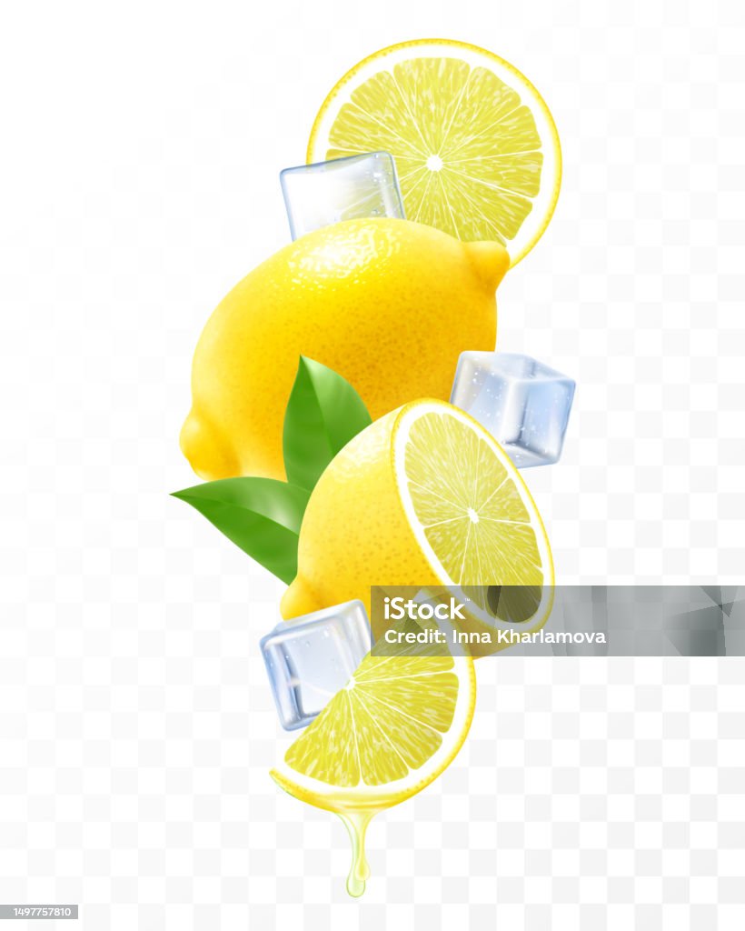Lemon Segar Dengan Es Batu Jatuh Atau Terbang Komposisi Elemen Lemon
