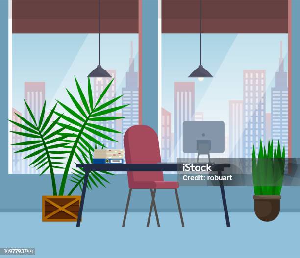 Design Of Modern Empty Office Working Place Chair Computer Desktop