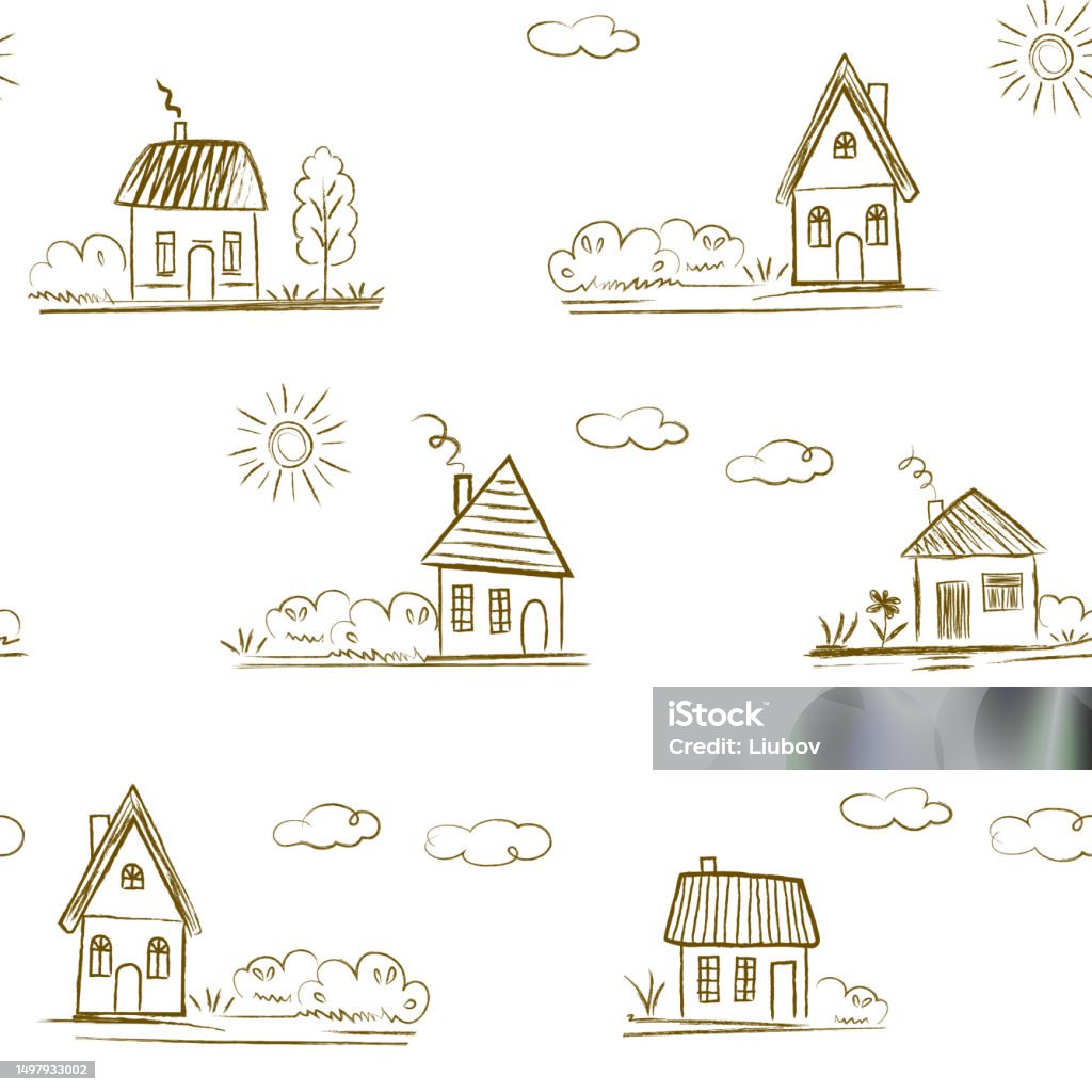 Stock ilustrace Bezešvý Vzor Domy Ulice Stromy Keře Krajina Slunce ... Stock ilustrace Bezešvý Vzor Domy Ulice Stromy Keře Krajina Slunce ...