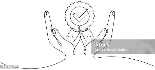 Hands Hold Award Checkmark Badge Continuous Line Drawing Stock