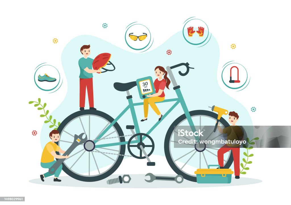 Set Alat Bersepeda Dan Sepeda Ilustrasi Vektor Seorang Mekanik