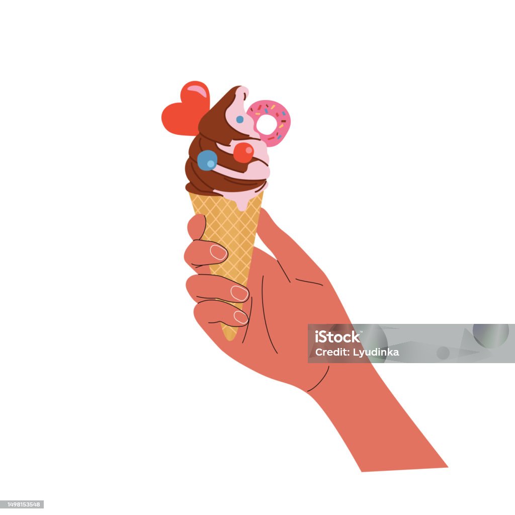 Tangan Memegang Es Krim Dalam Kerucut Gaya Wafer Ilustrasi Gaya Datar